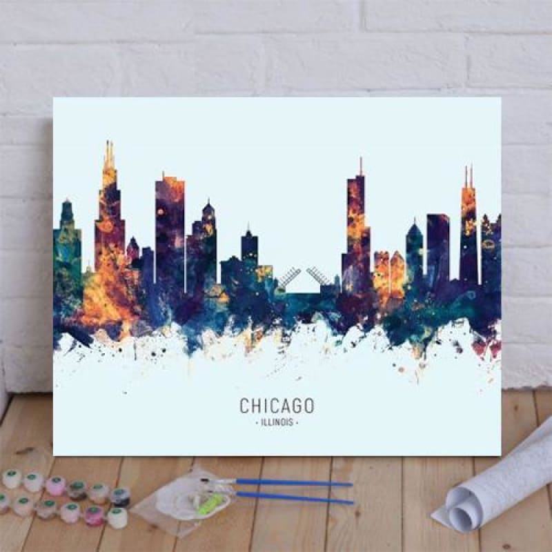 Chicago Illinois Skyline Blue Orange Paint By Numbers Kit – Adult Paint ...
